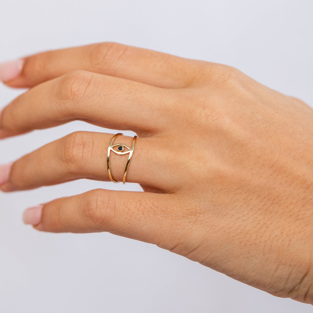 14K Gold Evil Eye Ring Black Diamond for Women Double Band - Dainty ...