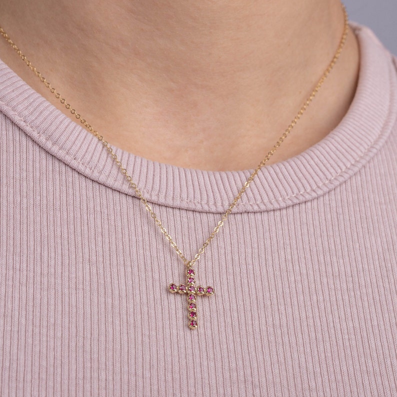 Ruby Cross Pendant Necklace 14K Solid Gold for Women - Genuine Natural ...