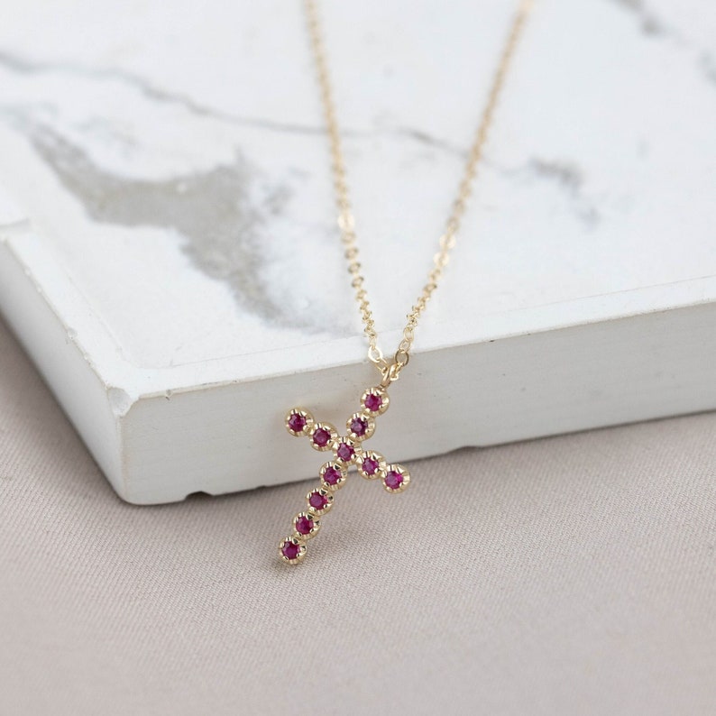 Ruby Cross Pendant Necklace 14K Solid Gold for Women Genuine - Etsy