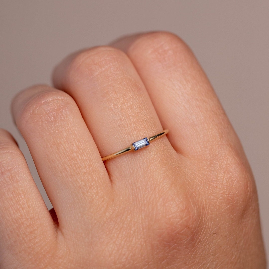 Blue Sapphire Ring Baguette 14K Solid Gold Stackable Thin Dainty Gemstone Ring Gift for Her ...
