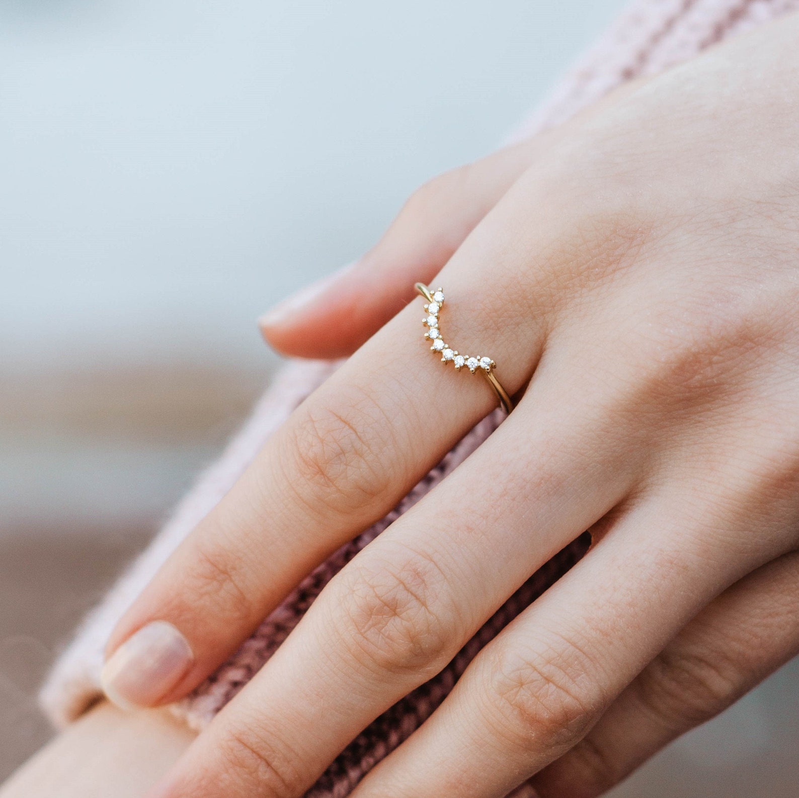 14K Gold Curved Diamond Wedding Band, Stacking Ring GR00075 - Etsy
