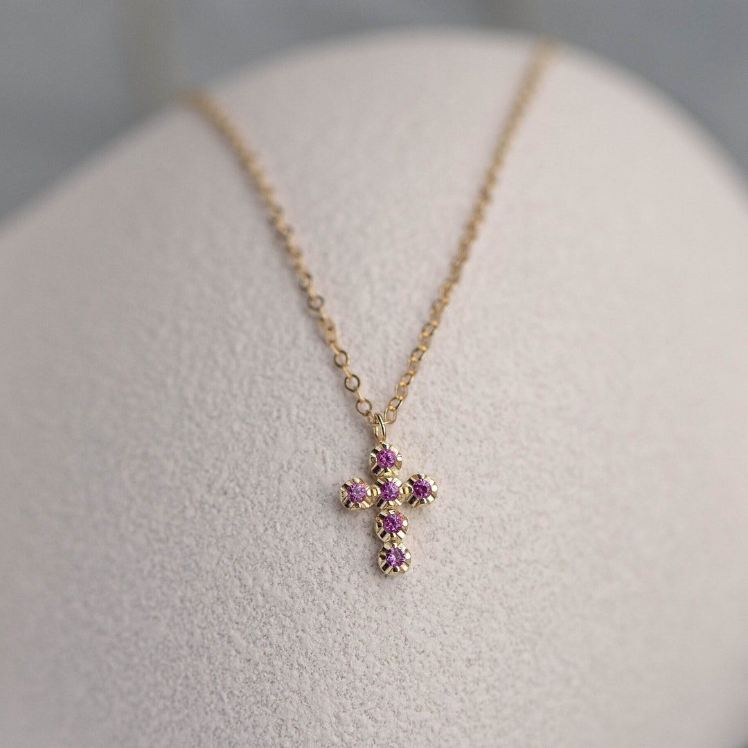 Dainty Cross Necklace 14K Gold Pink Sapphire - Small Cross Pendant With ...