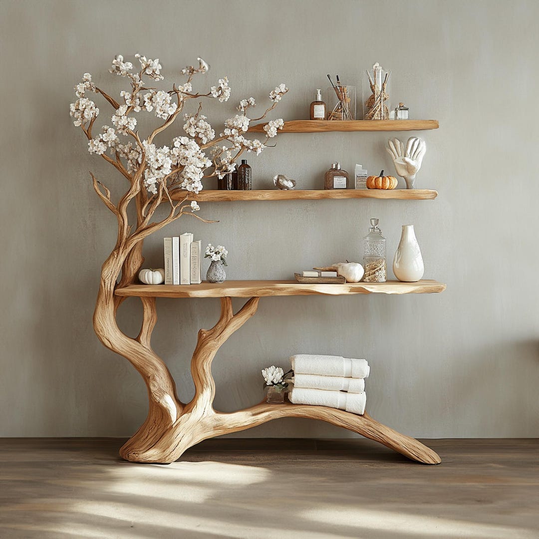 Driftwood Console Table With Tree Branch Shelves, Mid Century Console ...