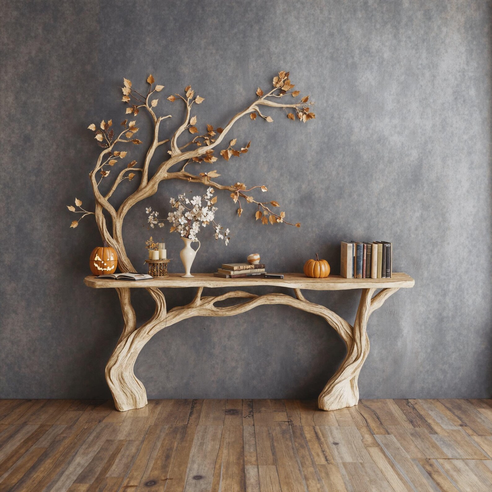 Rustic Driftwood Console Table With Tree Branch Shelves, Mid Century ...