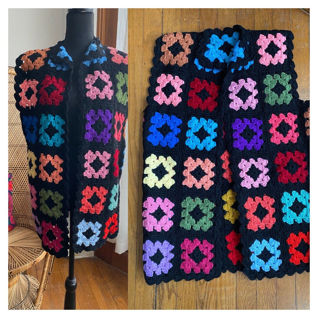 Vintage 70s Handknit Granny Square Vest| Crochet Duster| Hippie ...