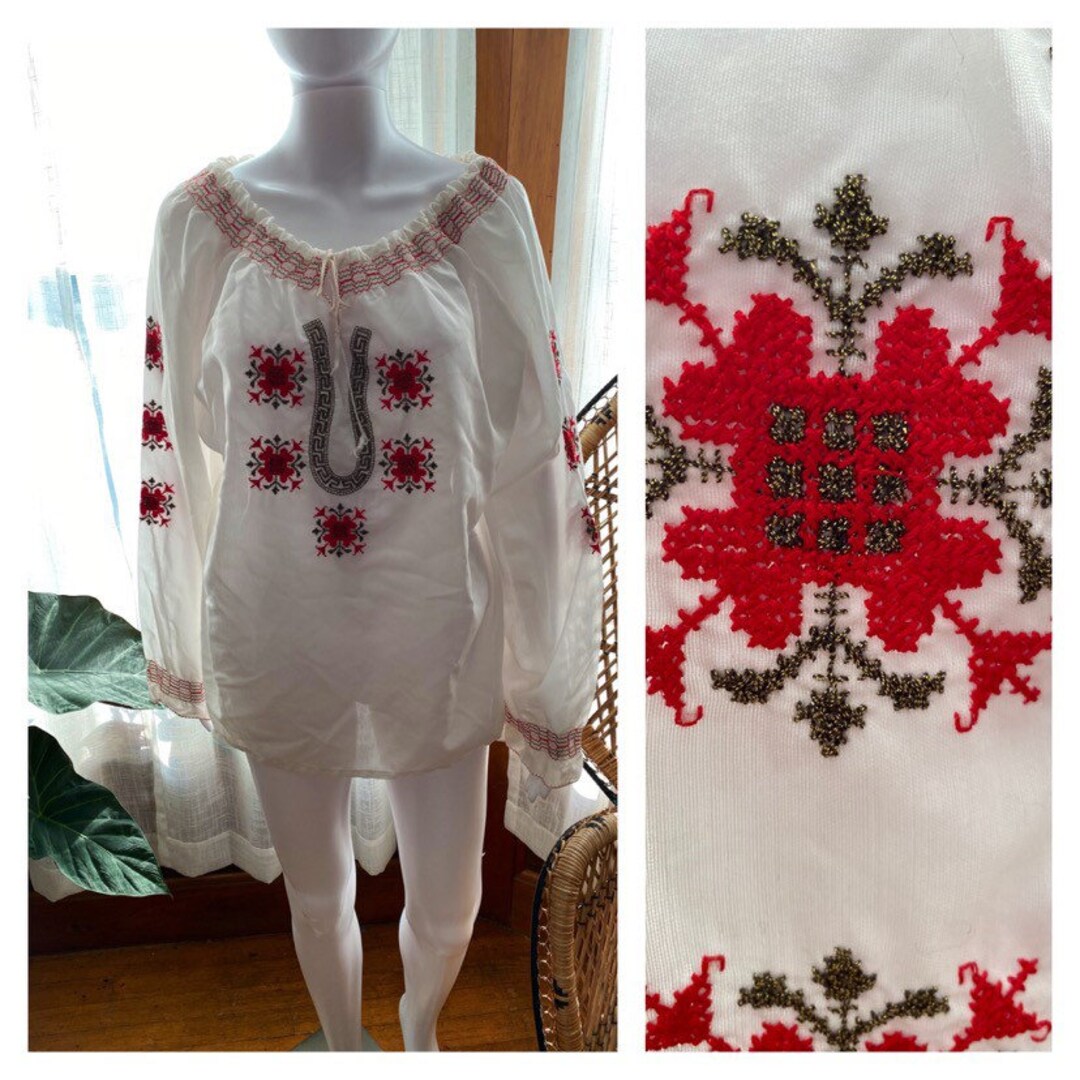 Vintage 70s Greek Ivory White Embroidered Metallic Thread Boho Hippie ...