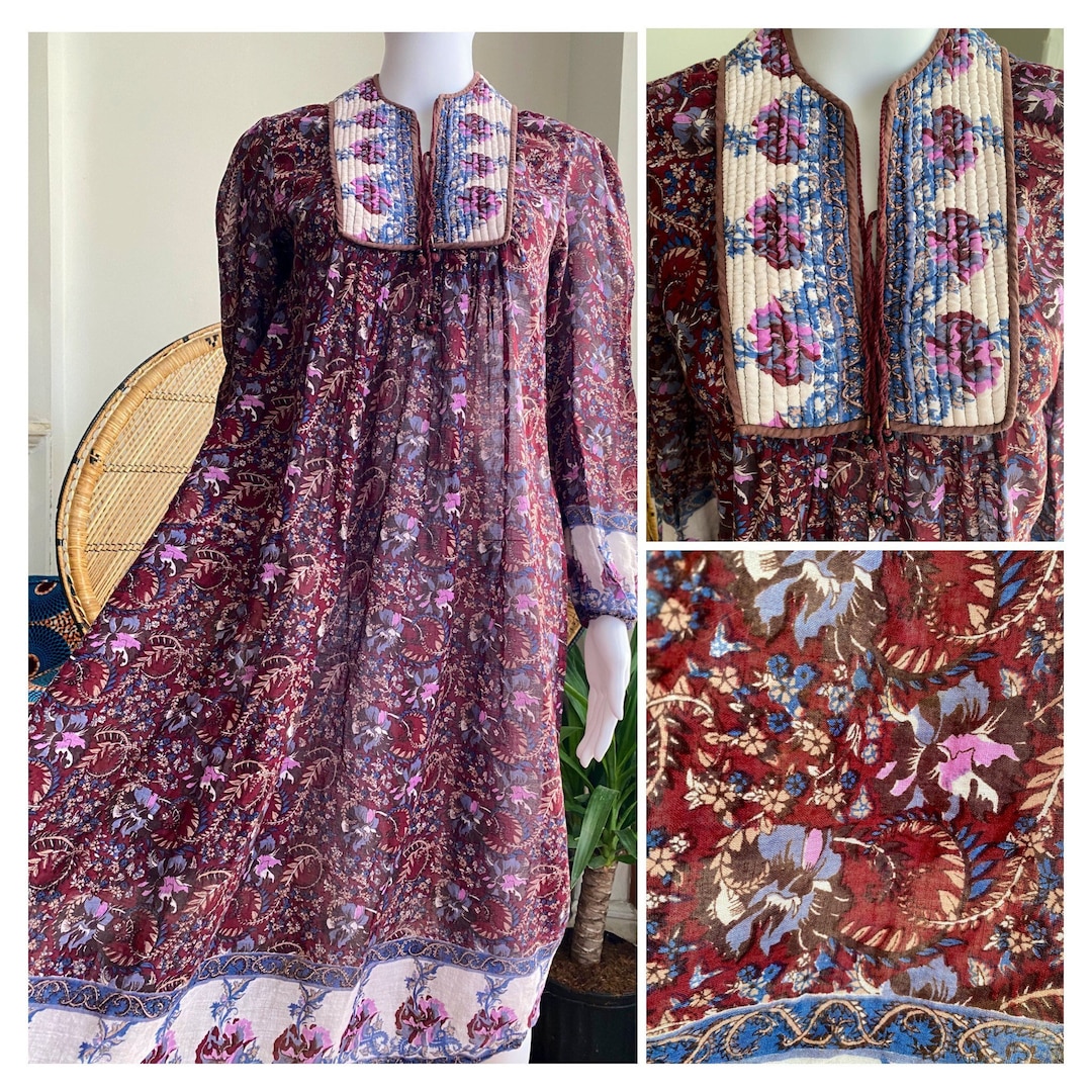 Vintage 70s Quilted Sheer Indian Cotton Gauze Floral Tasseled Block ...