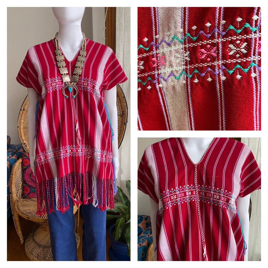 Vintage 70s 80s Boho Ethnic Abstract Guatemalan Cotton Woven Tapestry Fringed Huipil Poncho Cape ...