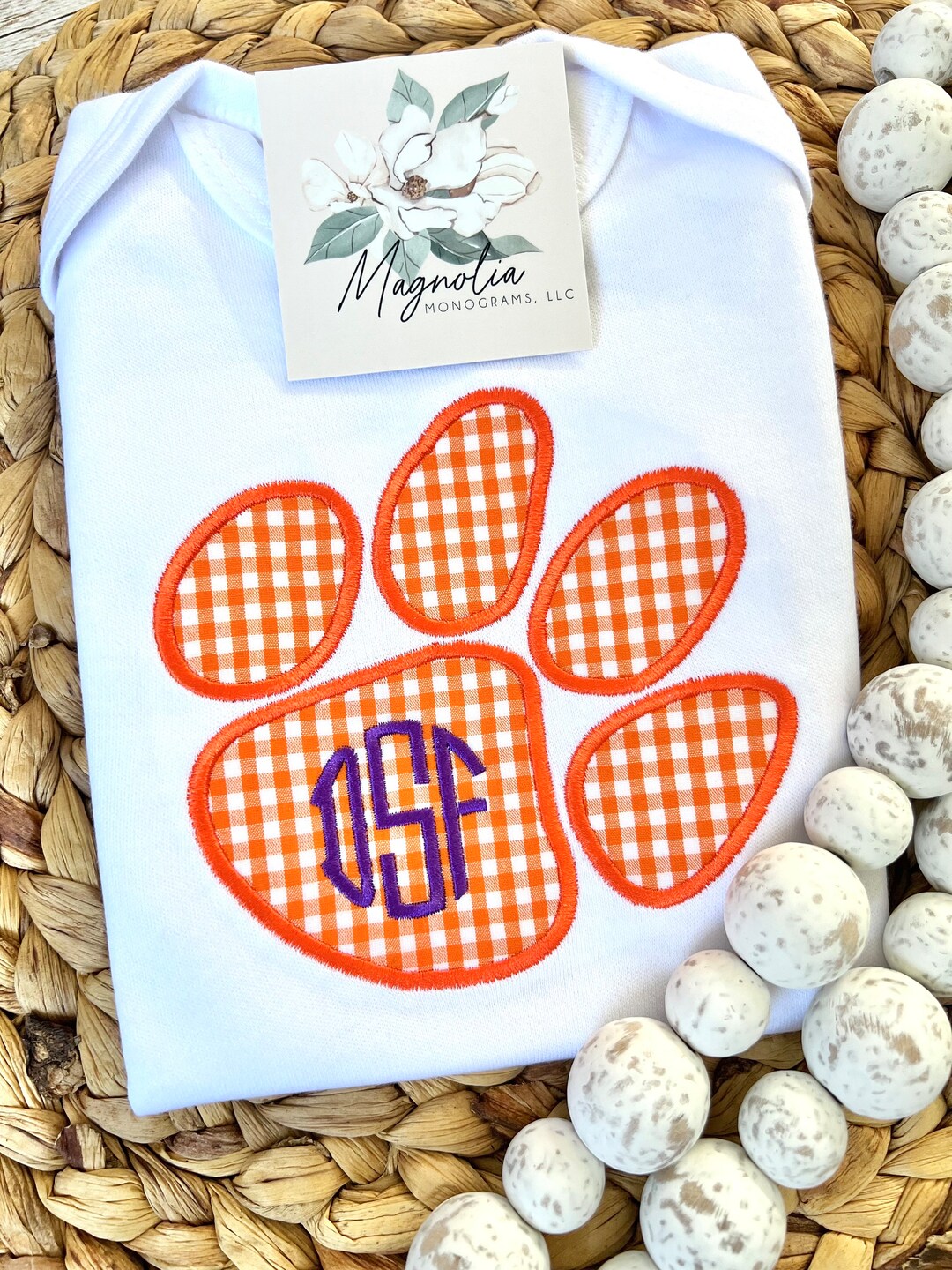 Clemson Tiger Baby Onesie: Orange Gingham Paw Print, Monogrammed - Etsy