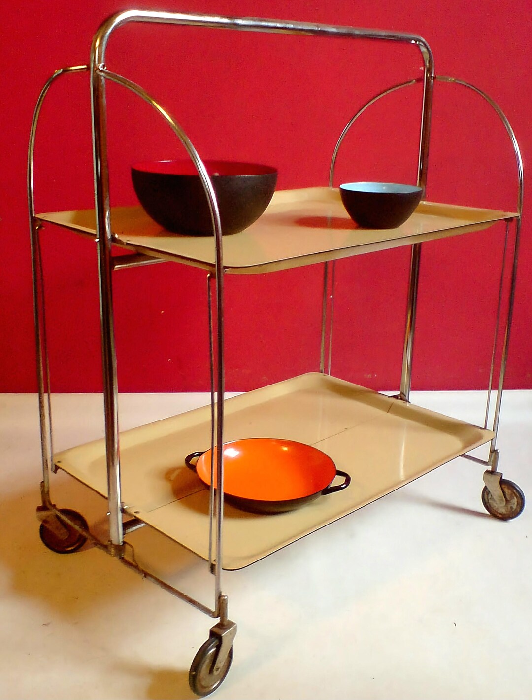 Folding Tea Trolley Khaki Dinett Modernist Bremshey Bar Cart Mid ...