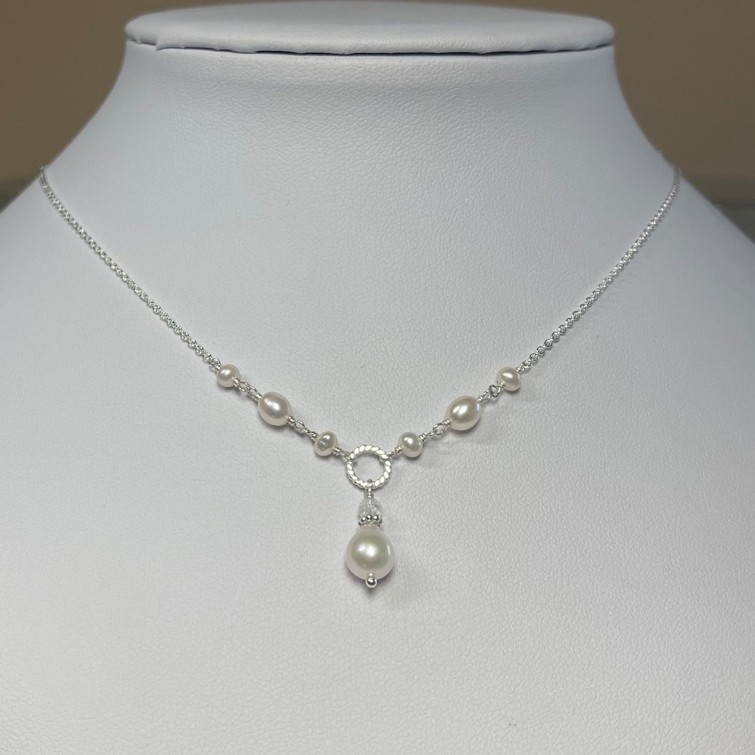 Pearl Drop Necklace, Genuine Freshwater Pearl Choker, White Pearl Bridal Necklace, 925 Silver ...