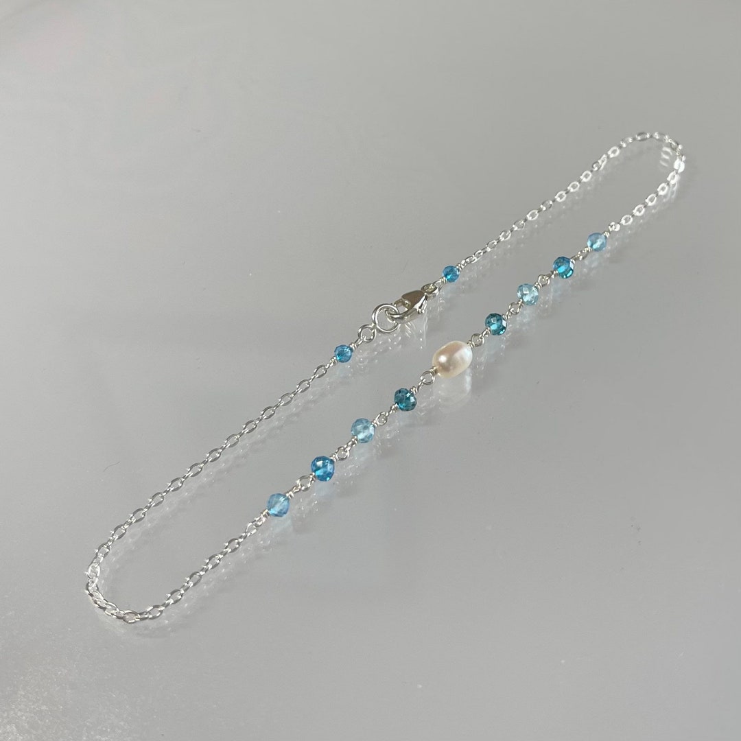 Blue Topaz Pearl Anklet, Mixed Blue Gemstone Anklet, Multi Blue Topaz ...