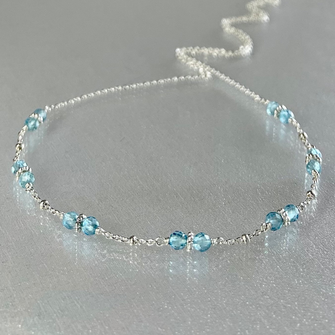Dainty Blue Topaz Choker Necklace, December Birthstone Blue Gemstone ...