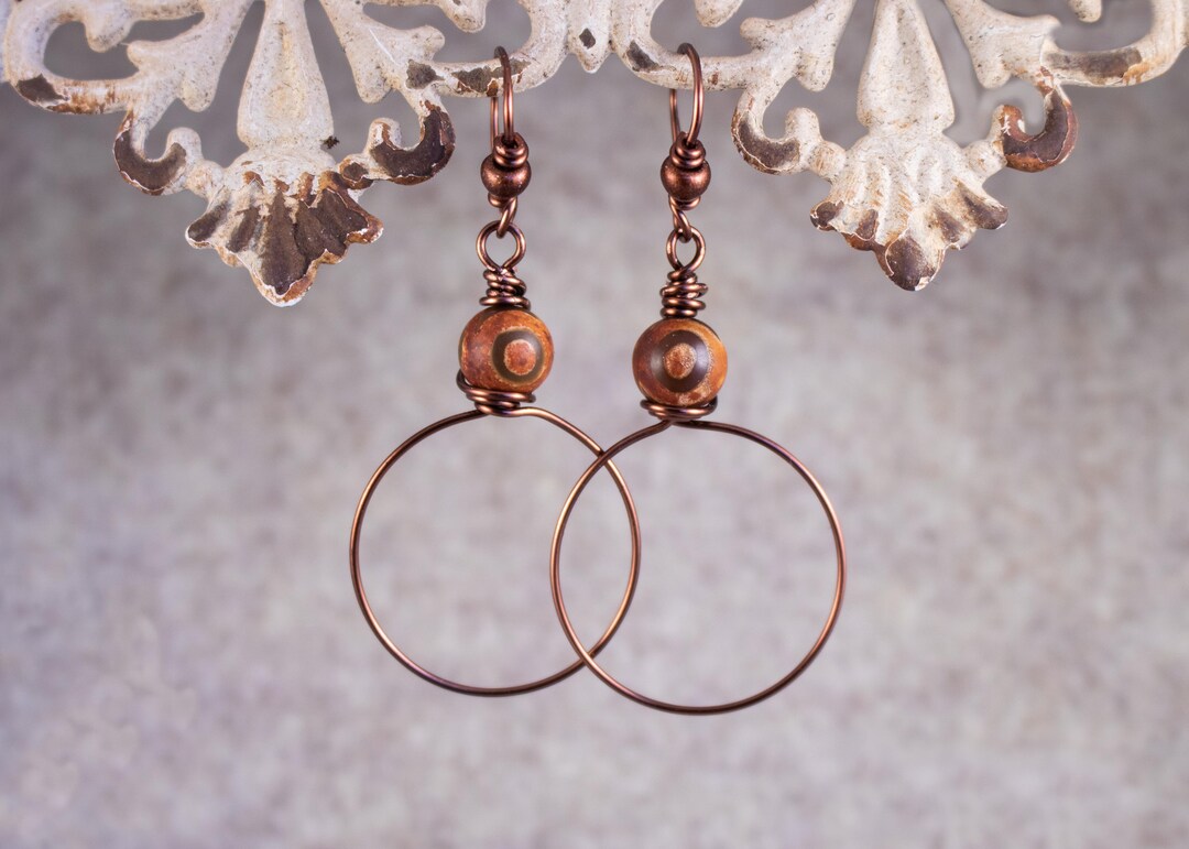 Antique Copper Wire Wrapped Hoops With a Smooth Tibetan Agate Hang From ...