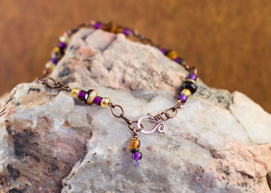Purple, Pale Gold, Chocolate and Caramel Bracelet Beaded With Antique ...