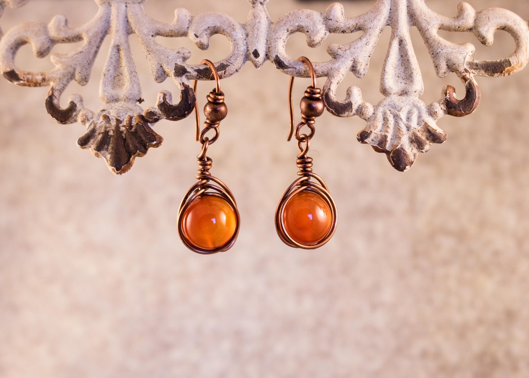 Orange Carnelian Spheres Are Wire Wrapped in Antique Copper and Hang ...