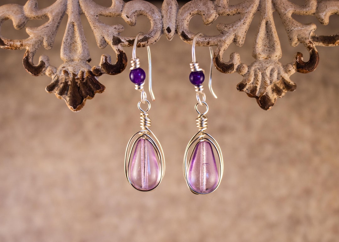 Lilac Czech Glass Teardrops Are Wire Wrapped in Silver and Hung From ...