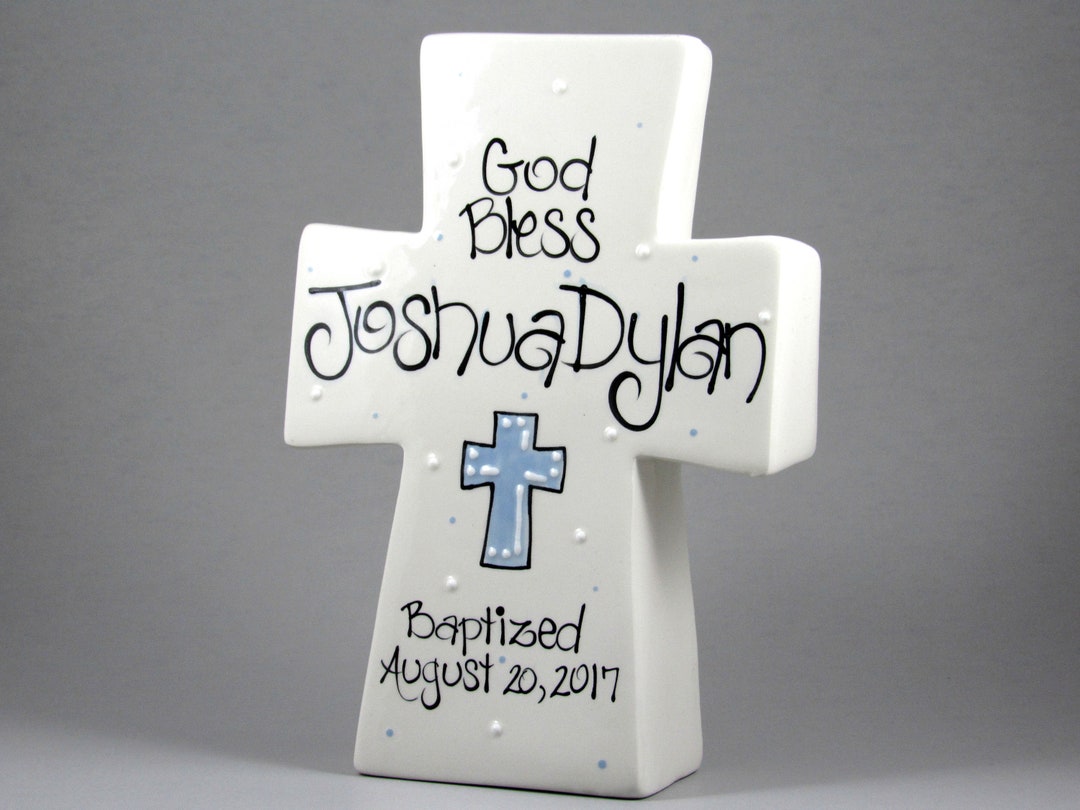 Personalized Baptism Cross for Boys // Hand Painted Standing Ceramic ...
