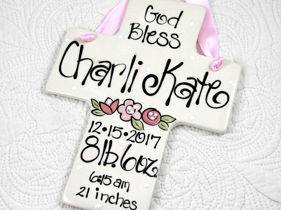 Personalized Baby Cross in Pink With Flowers // Baby Birth Announcement ...