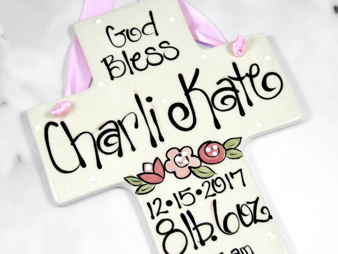 Personalized Baby Cross in Pink with Flowers // Baby Birth Announcement ...