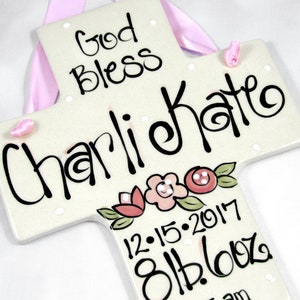 Personalized Baby Cross in Pink With Flowers // Baby Birth Announcement ...