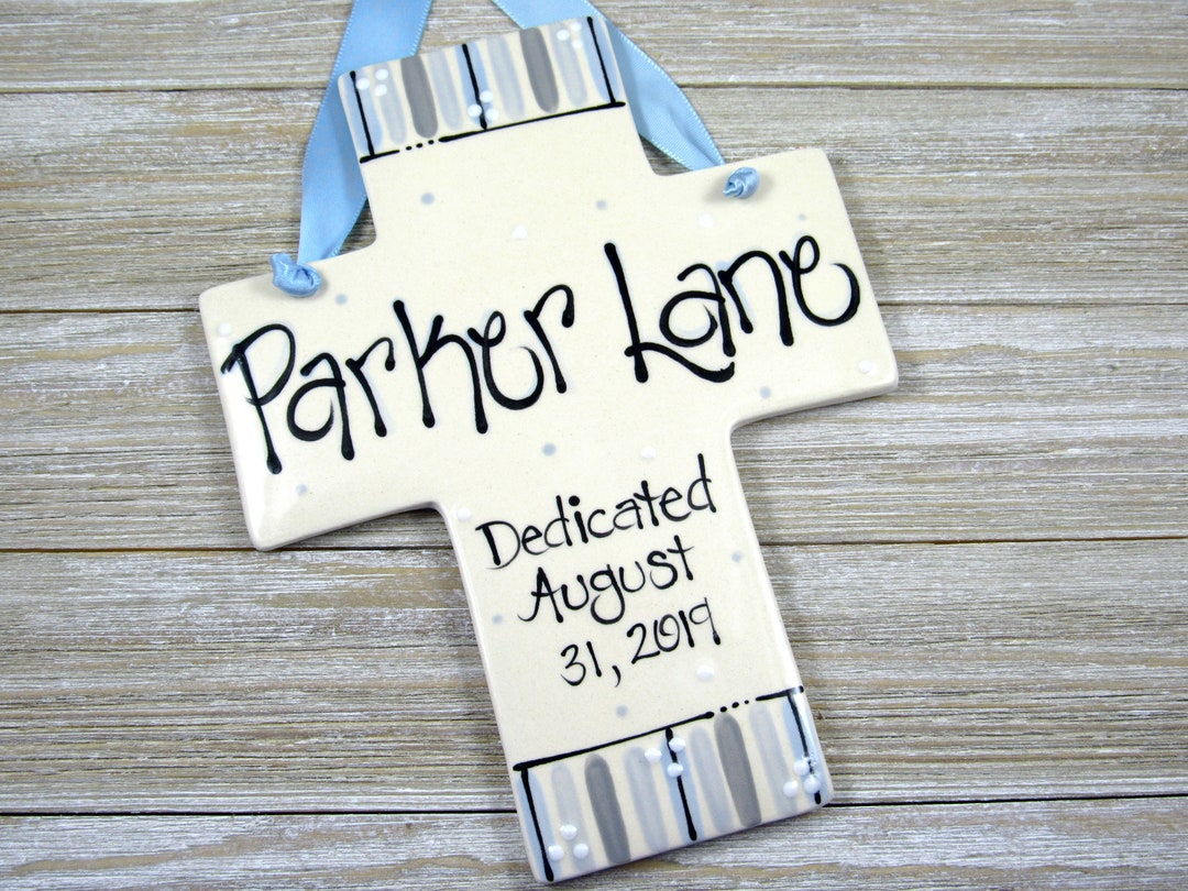 Dedication Cross for Boys in Light Blue and Gray Stripes Personalized ...
