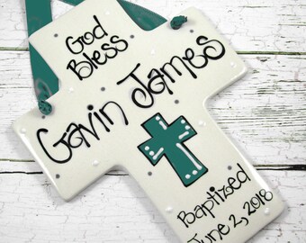 Personalized Little Boy Cross in Navy and Green 'For This