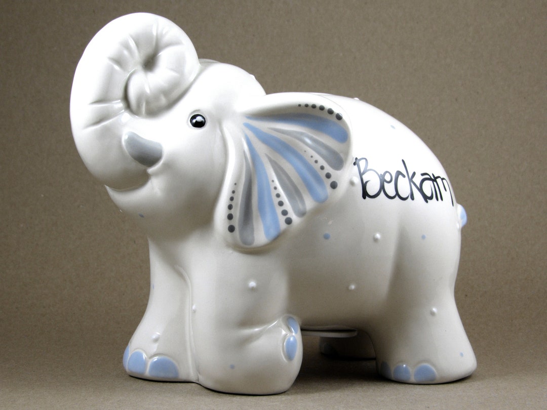 Personalized Piggy Bank in Light Blue and Gray // Elephant Piggy Bank ...