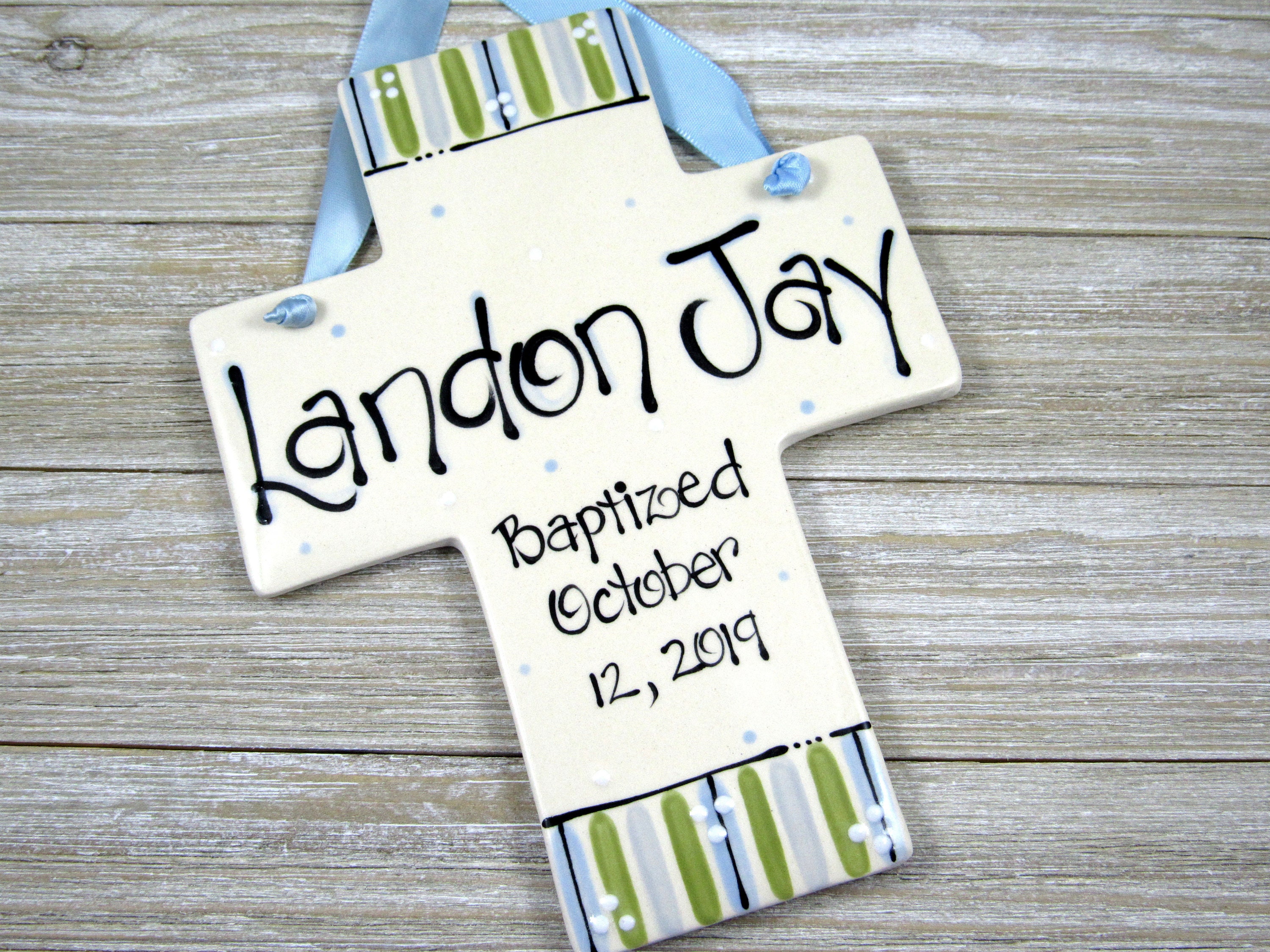 Personalized Baptism Cross for Boys in Light Blue, Gray and Green ...