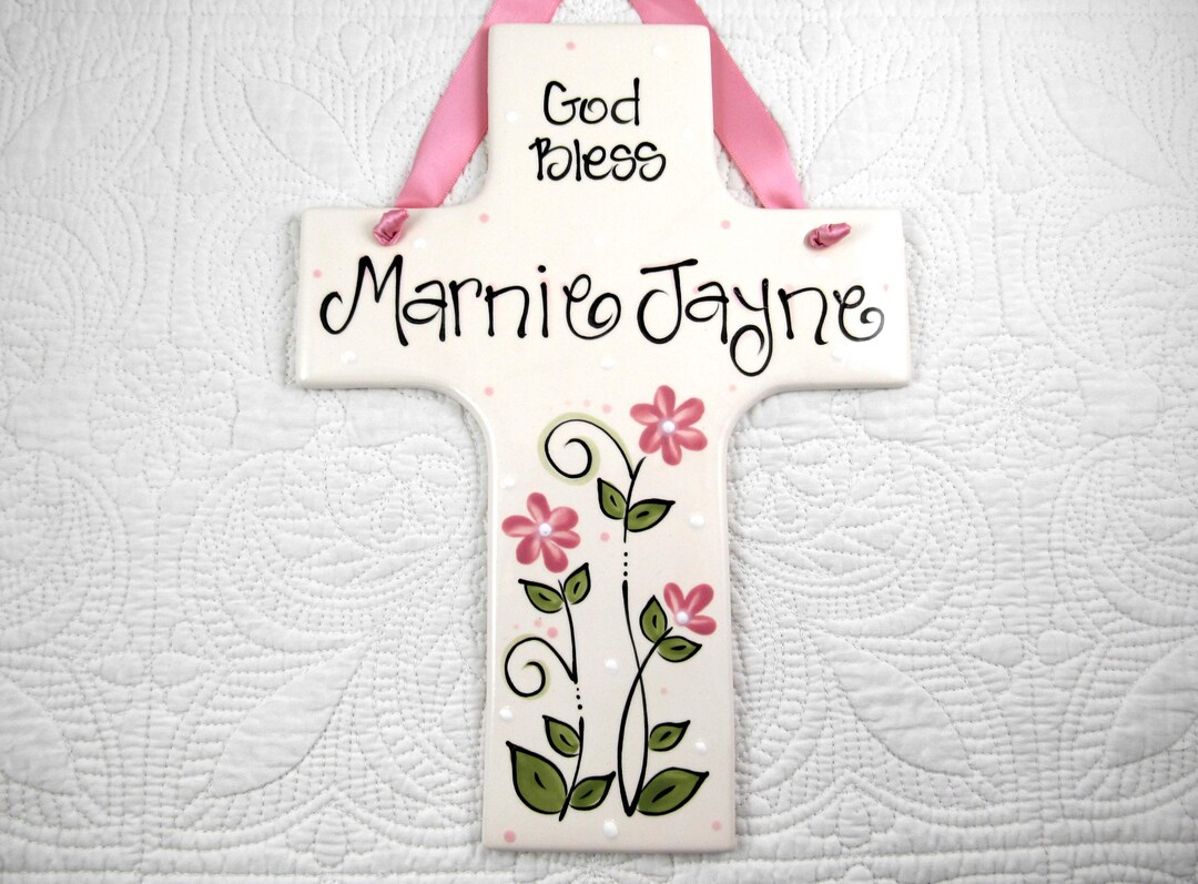 Large Personalized Baby Cross for Girls With Rose Pink Flowers // Baby ...