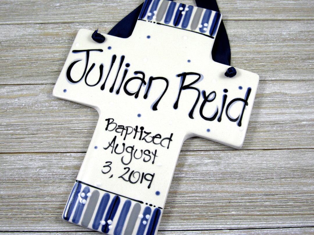 Baptism Cross for Boys in Blue and Gray Stripes Personalized - Etsy