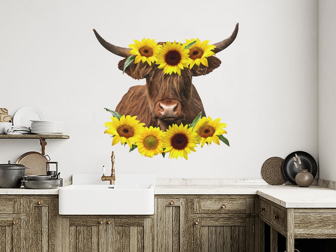 Highland Cattle Floral Wall Decal Sunflowers Vinyl Sticker Mural ...