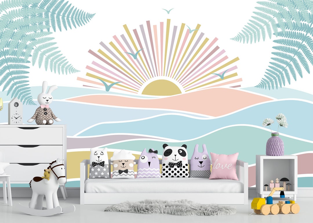 Waves Wallpaper for Baby Kids Room Removable. Sun Colorful Peel and ...
