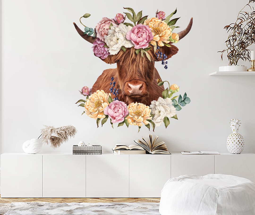 Highland Cattle Floral Wall Decal Scottish Cow Vinyl Sticker Mural ...
