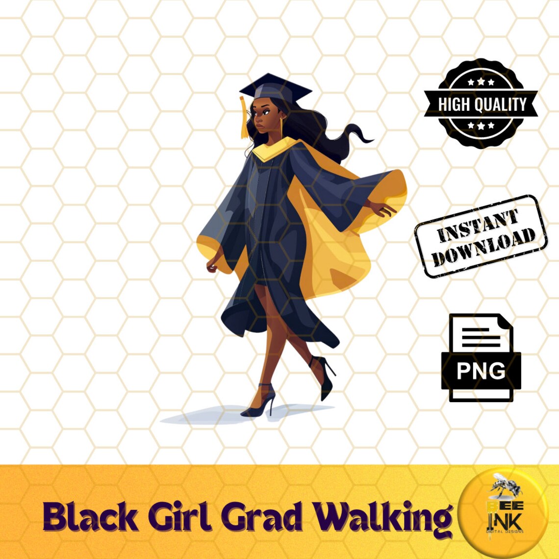 Black Girl Cap & Gown Walking PNG | Blue and Yellow Cap and Gown Black ...