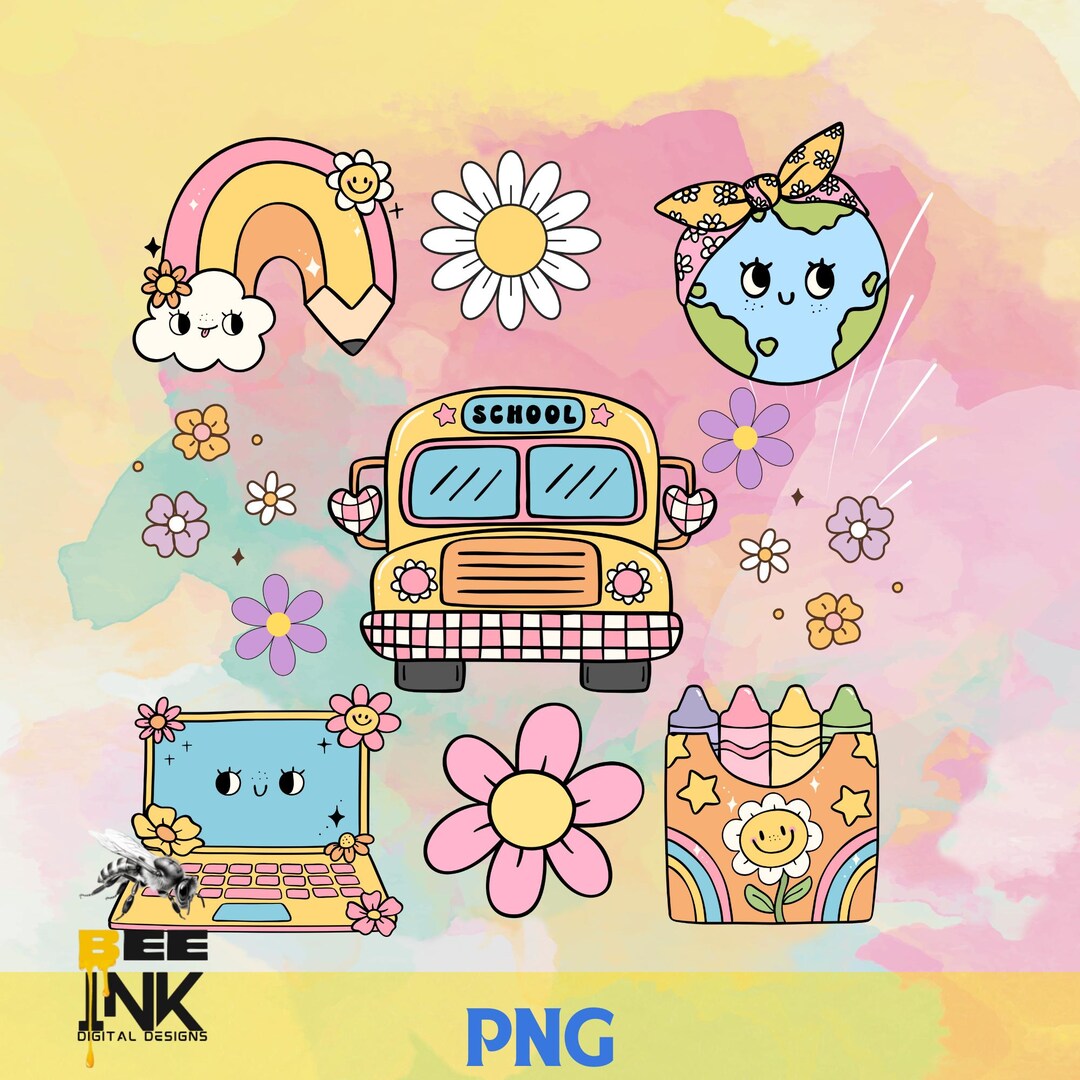 Back to School Groovy Doodle Digital Design Download | School Bus Png ...