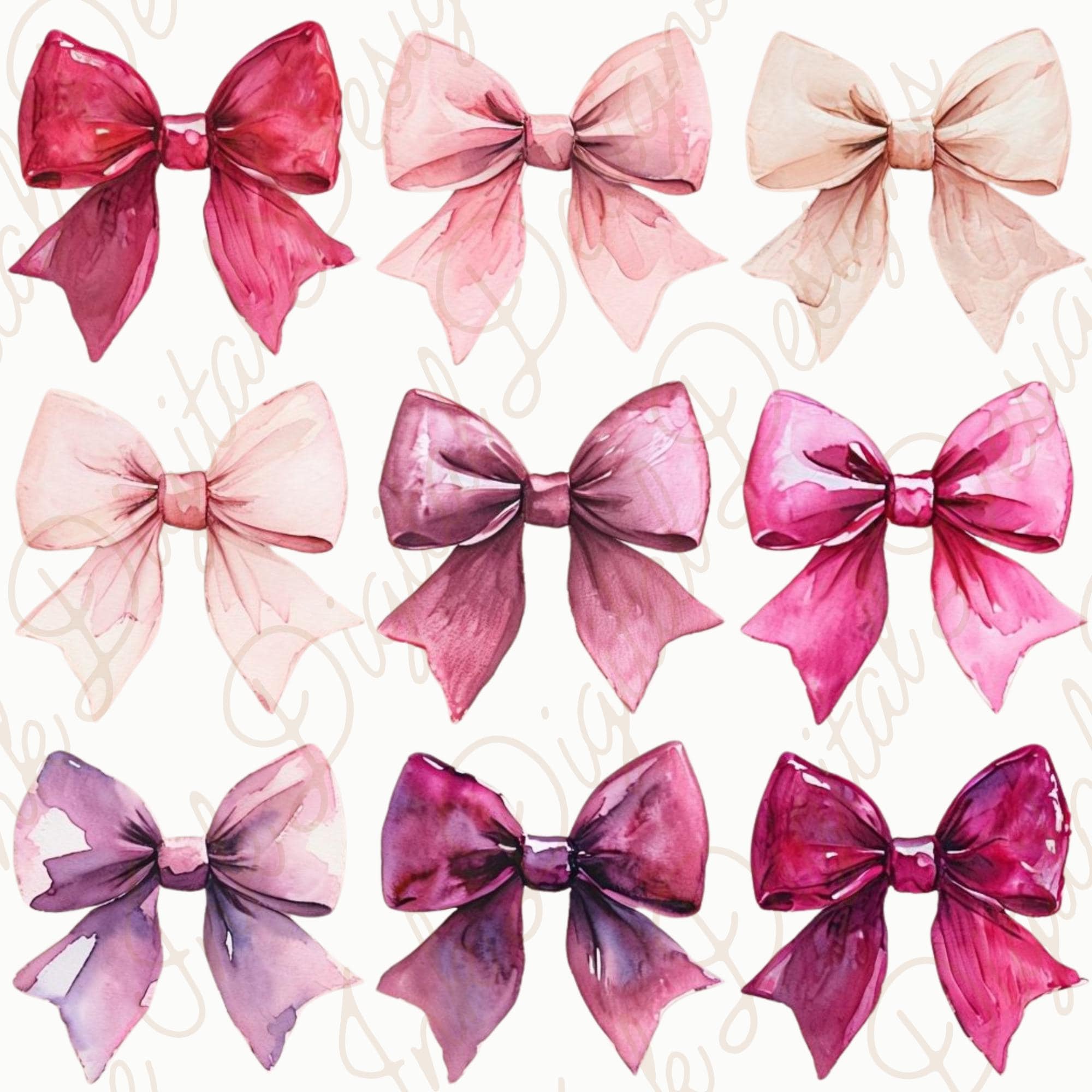 Watercolor Pink Bow Clipart Set Soft Vibrant Shades of Pink Feminine ...
