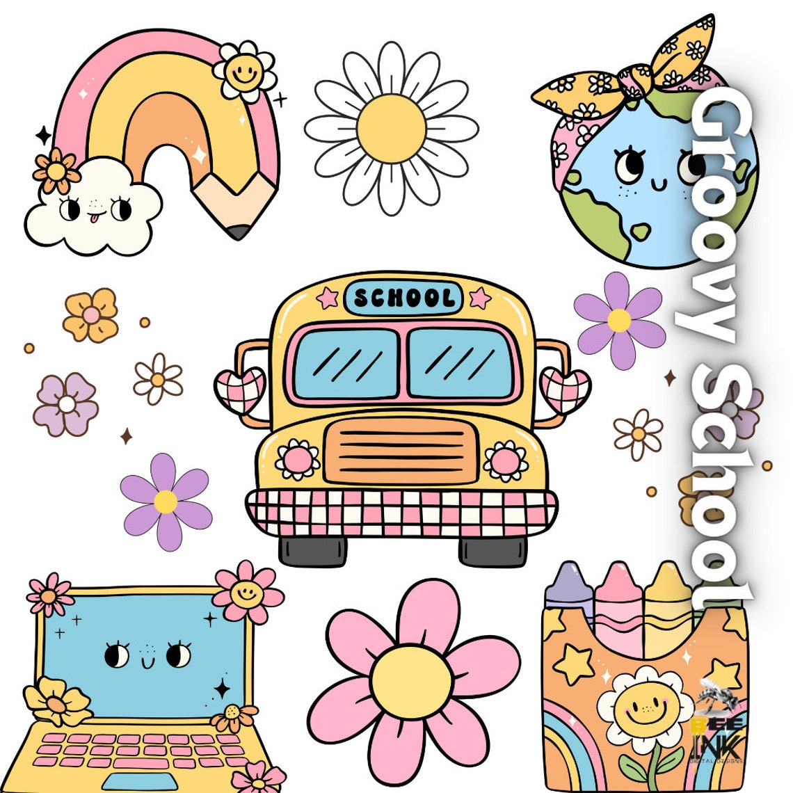 Back to School Groovy Doodle Digital Design Download | School Bus Png ...