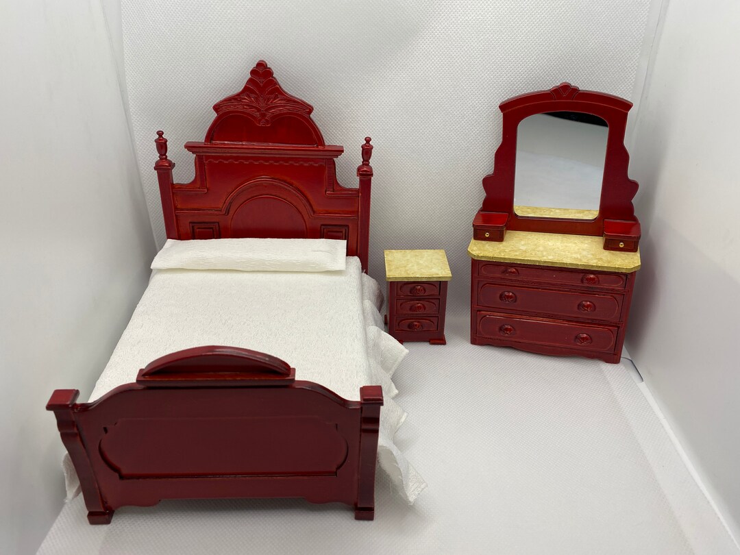 Dollhouse Miniature Bedroom Set 1 12th Scale Bed Furniture Night Stand Dresser Room Box Diorama Vignette Etsy Canada