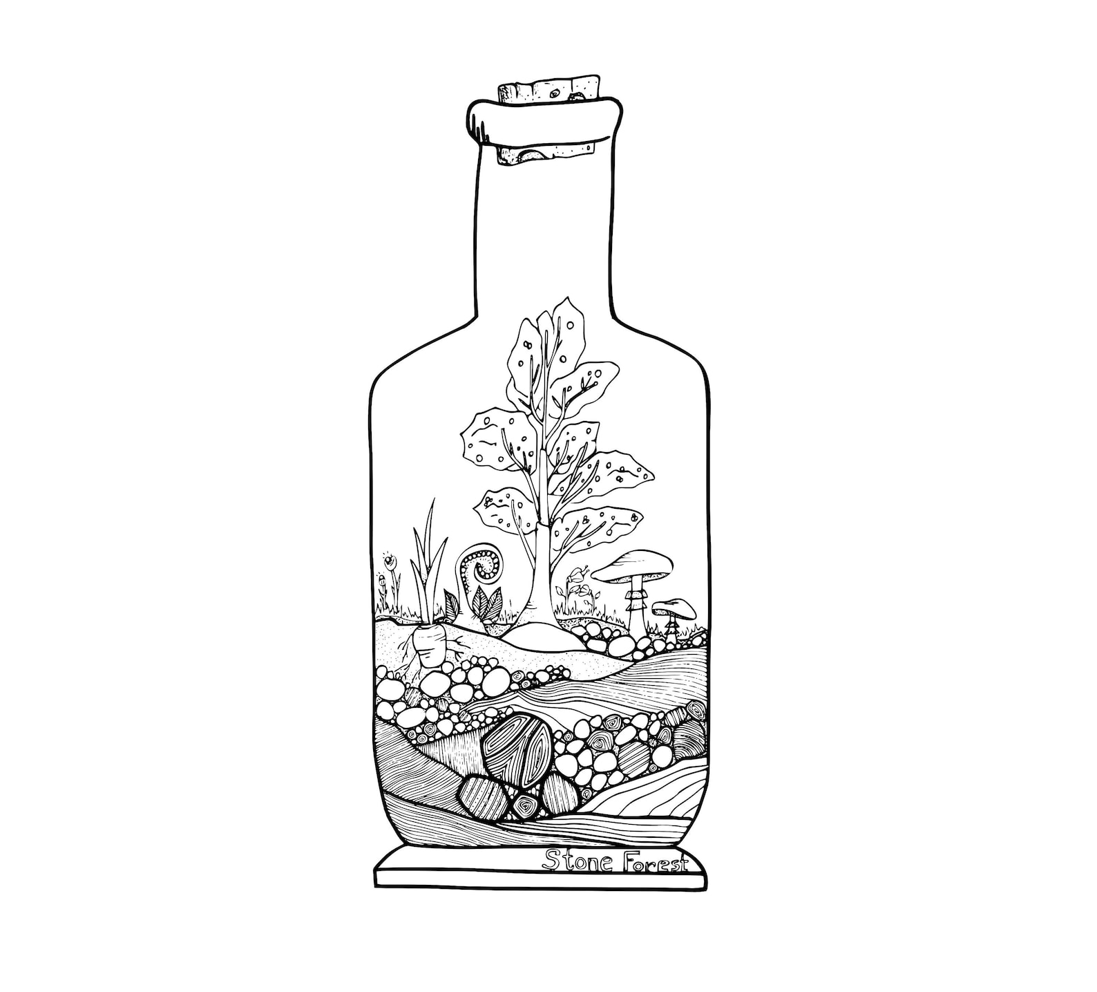 Tree and Mushroom Terrarium Coloring Page - Etsy