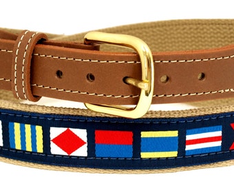 Nautical Code Flag on Navy Webbing Leather Tip Belt | Etsy