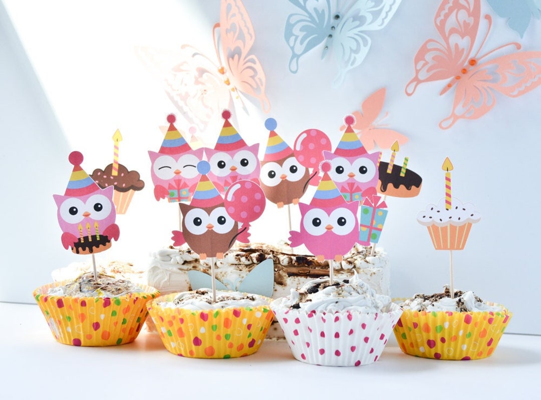12 Owl Birthday Party Supplies, Owl Cake Decoration, Owl Cake Toppers ...