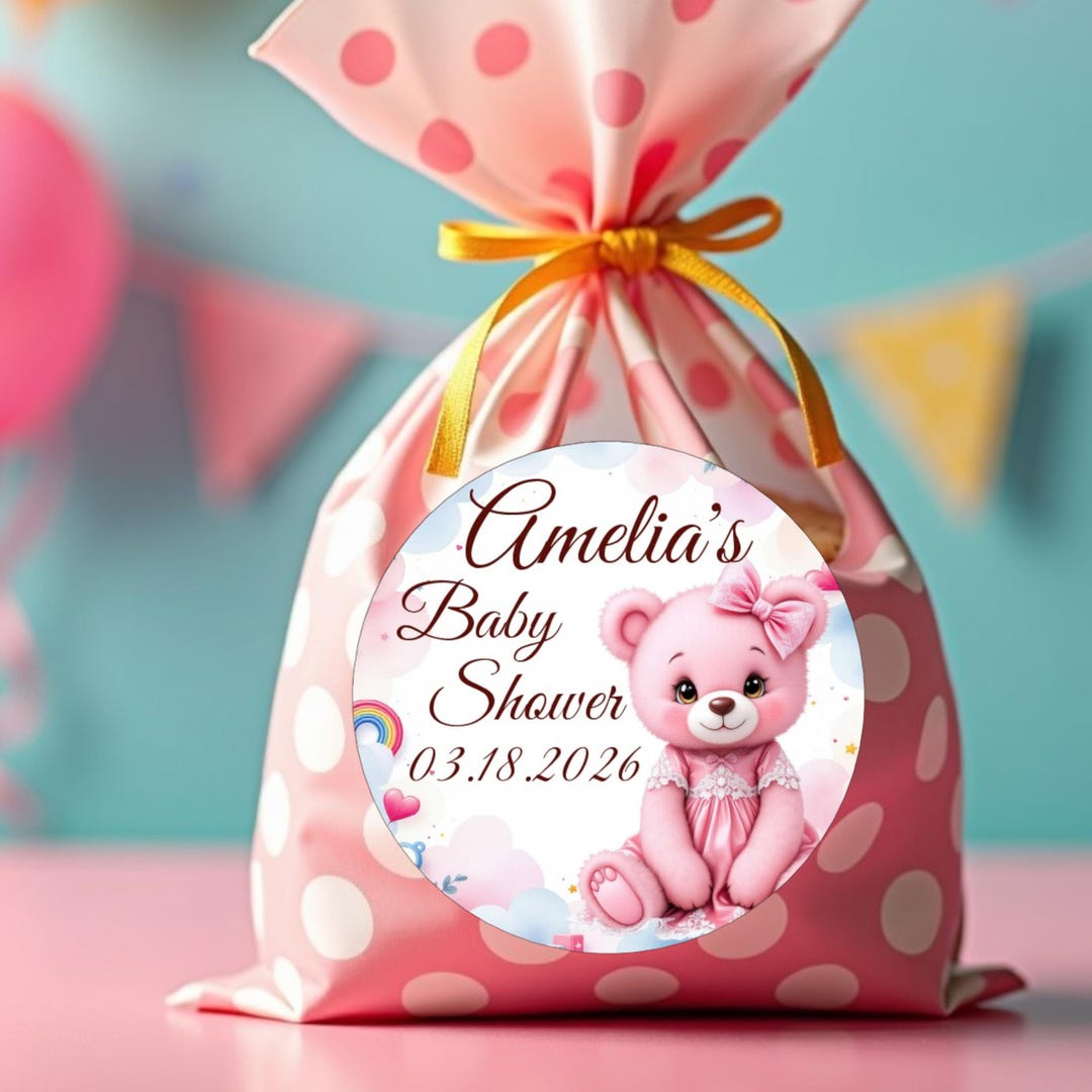 Custom Name Pink Bear Labels, Baby Shower 1st Birthday Party Favors ...