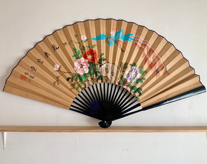 Huge Vintage Asian Hand Painted Wall Fan – Chinese Wall Decor, Asian ...
