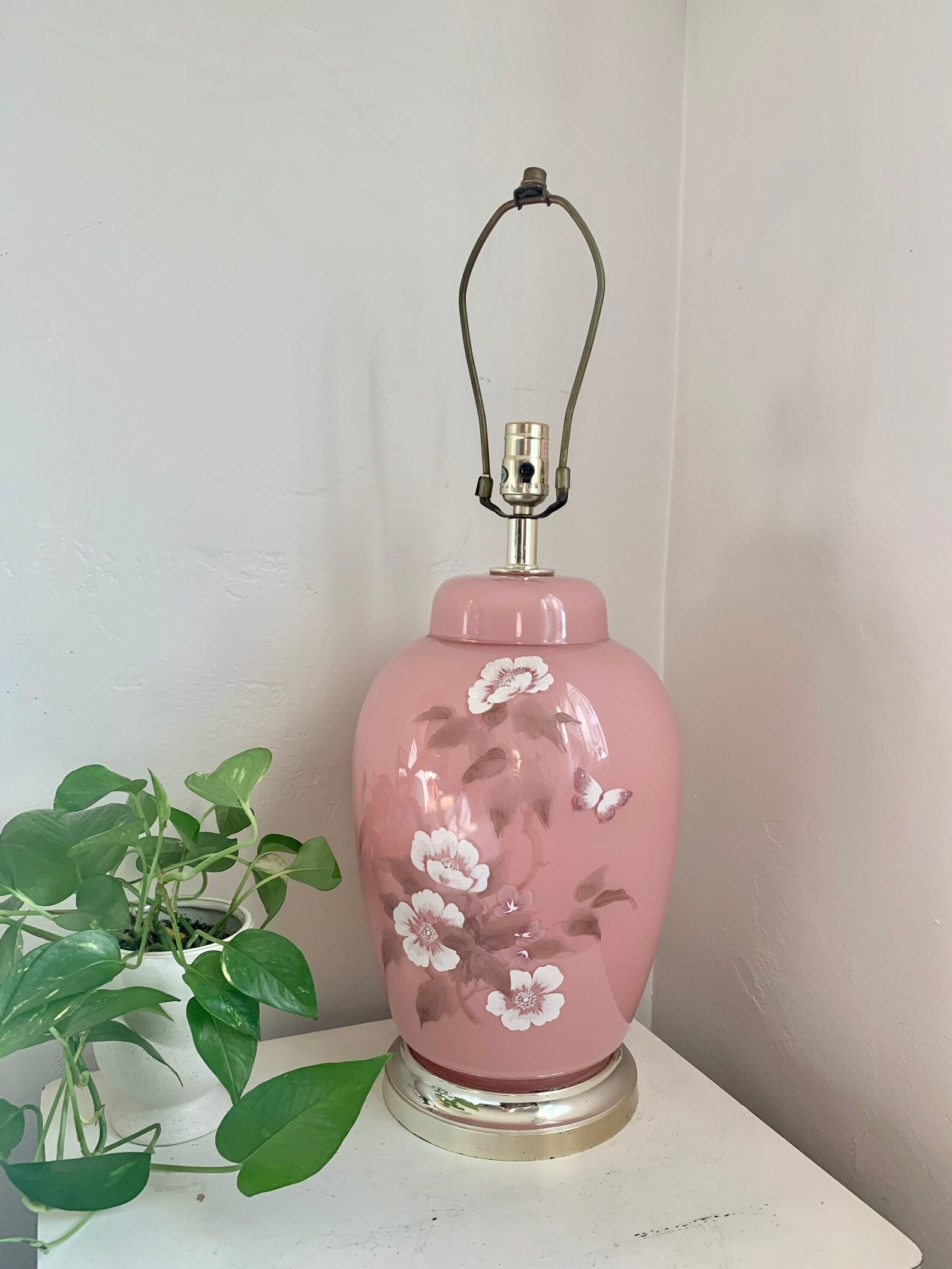 Vintage Pink Floral Glass Lamp Flowers and Butterflies - Etsy