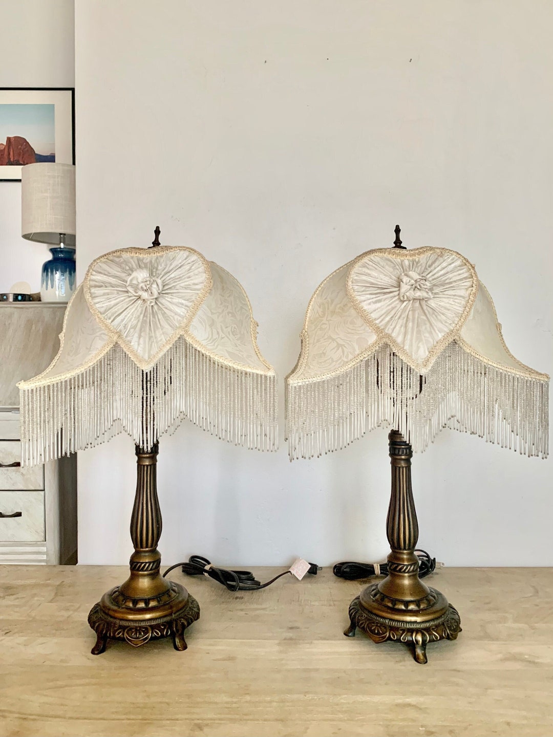 Victorian Style Lamps With Beaded Shades Vintage Lamps Pair, Heart ...