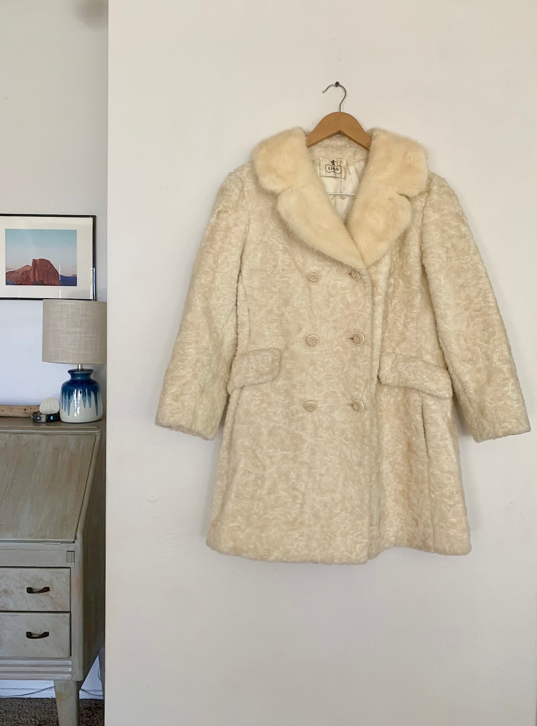 Vintage Women's Cream Fur Coat 1960s Jacket, Peacoat, Bagdad Sportowne ...
