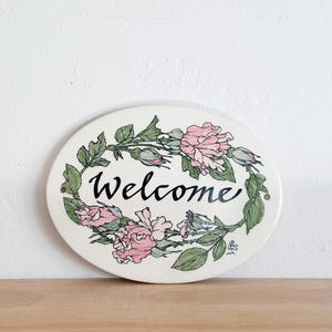 Vintage Painted Ceramic Welcome Sign Pink Floral Stoneware Welcome ...