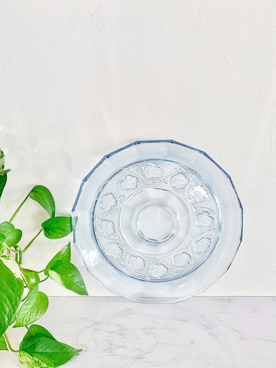 Vintage Floral Blue Glass Platter – Large Glass Plate, Vegetable ...