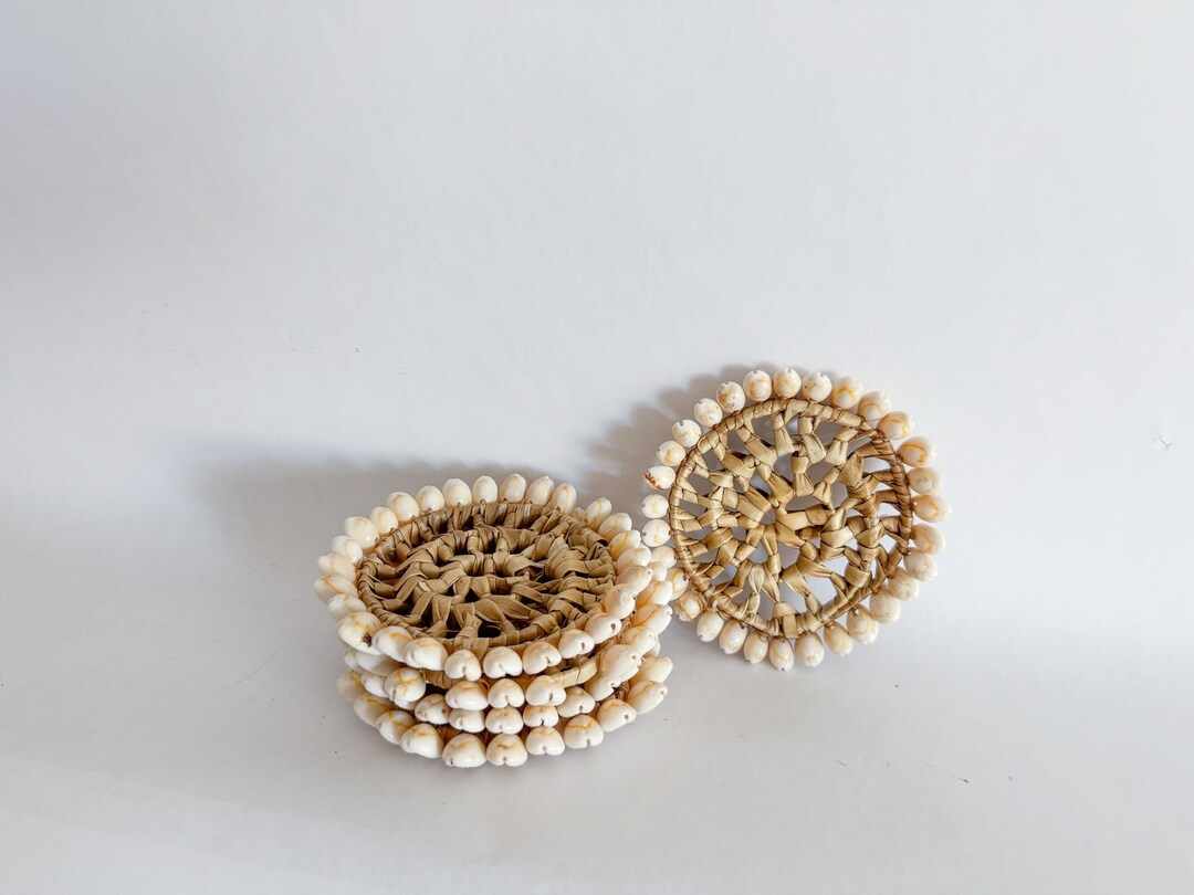 Vintage Boho Rattan Cowrie Shell Coasters set of 5 Wicker Coaster Set ...